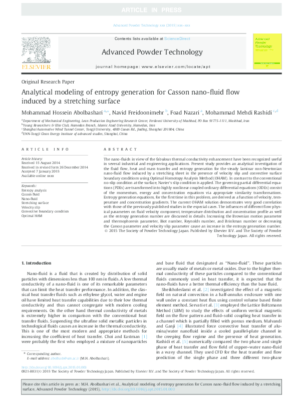 (PDF) Analytical modeling of entropy generation for Casson nano-fluid flow induced by a ...