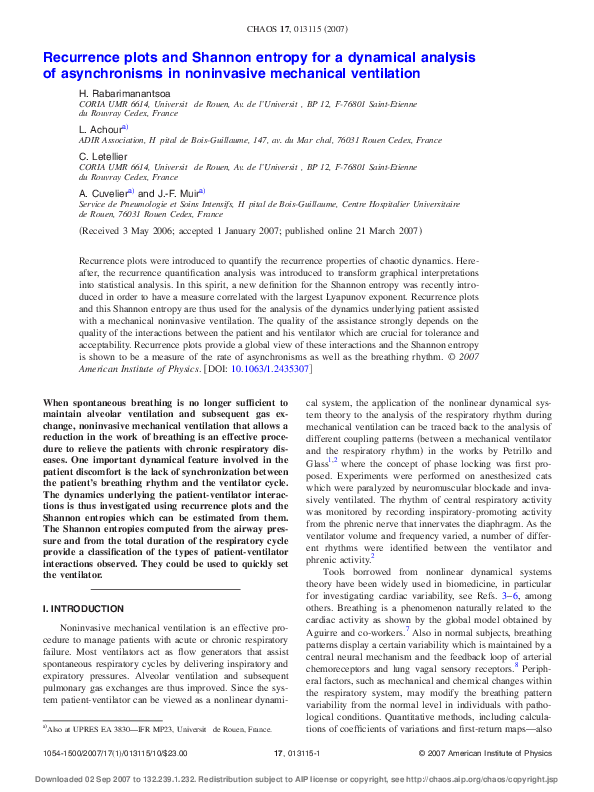 Pdf Recurrence Plots And Shannon Entropy For A Dynamical Analysis Of