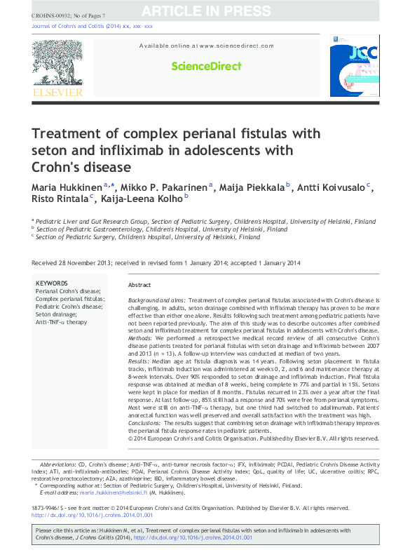 (PDF) Treatment of complex perianal fistulas with seton and infliximab ...
