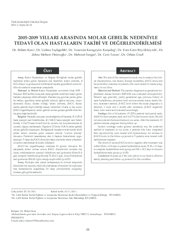 2005-2009 yillari arasında molar gebelik nedeniyle tedavi olan ...