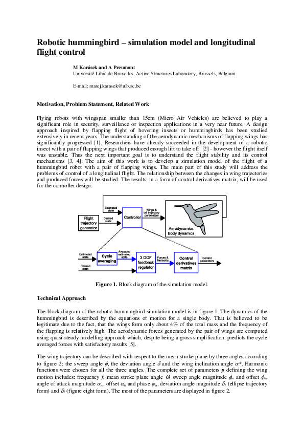 (PDF) Robotic hummingbird – simulation model and longitudinal flight control
