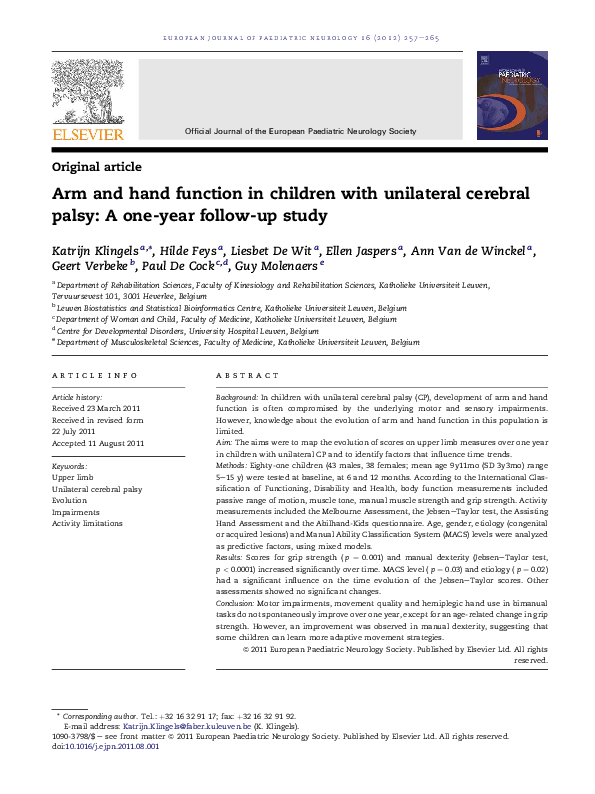 (PDF) Arm and hand function in children with unilateral cerebral palsy ...