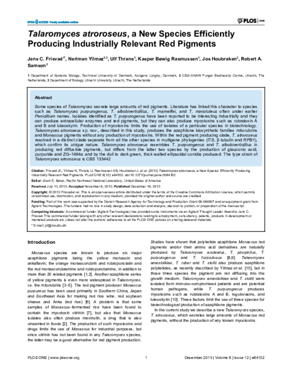 (PDF) Talaromyces atroroseus, a New Species Efficiently Producing ...