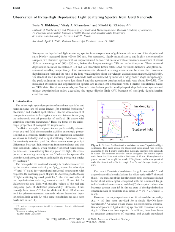 (PDF) Observation of Extra-High Depolarized Light Scattering Spectra from Gold Nanorods