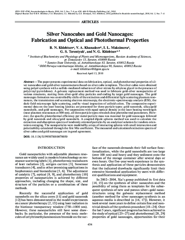 (PDF) Silver nanocubes and gold nanocages: Fabrication and optical and ...