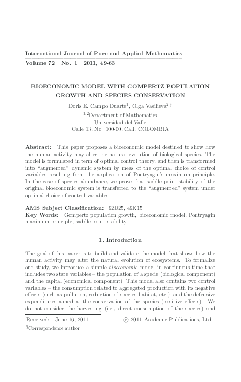 (PDF) BIOECONOMIC MODEL WITH GOMPERTZ POPULATION GROWTH AND SPECIES CONSERVATION