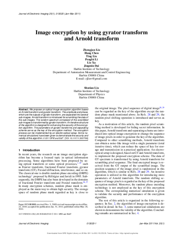 Pdf Image Encryption By Using Gyrator Transform And Arnold Transform Lisheng Xu 