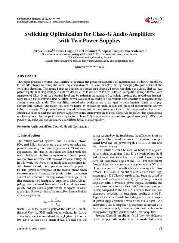 (PDF) Switching Optimization for Class-G Audio Amplifiers with Two ...