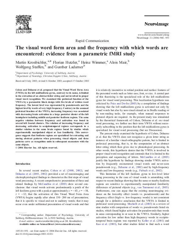 The visual word form area and the frequency with which words are ...