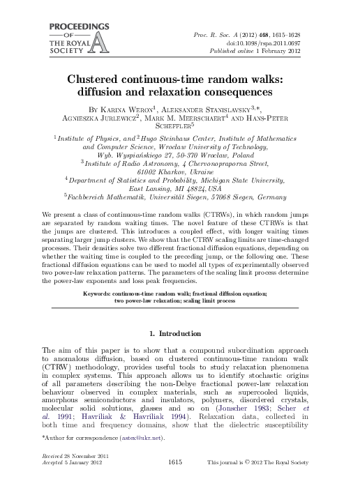 (PDF) Clustered continuous-time random walks: diffusion and relaxation consequences