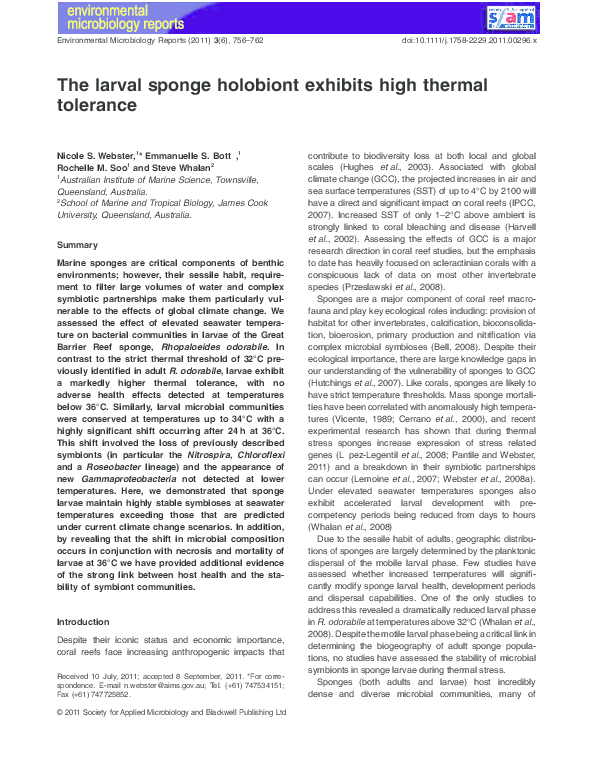 (PDF) The larval sponge holobiont exhibits high thermal tolerance