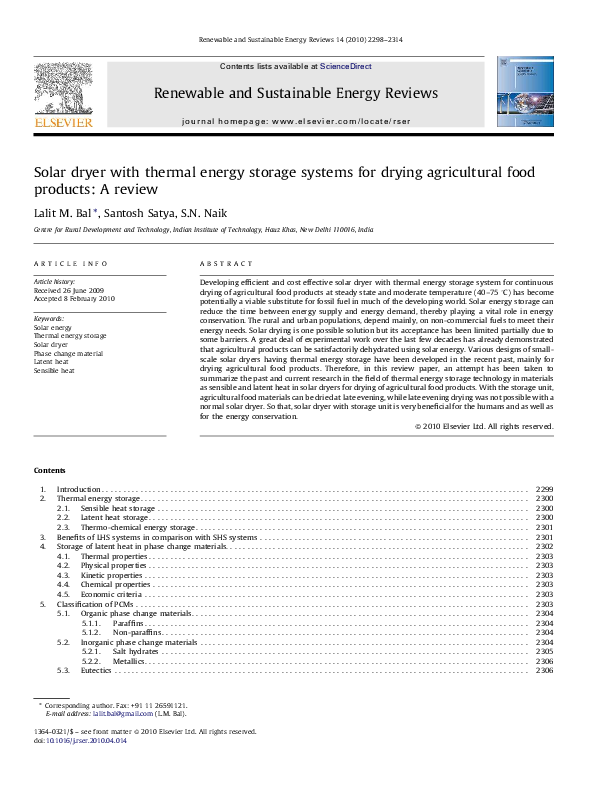 (PDF) Solar dryer with thermal energy storage systems for drying agricultural food products: A ...