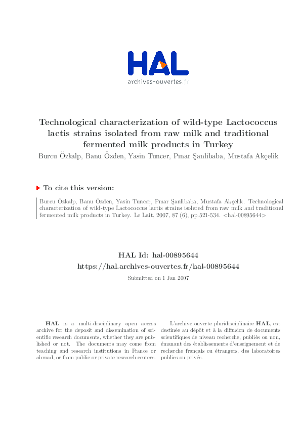 Pdf Technological Characterization Of Wild Type Lactococcus Lactis Strains Isolated From Raw