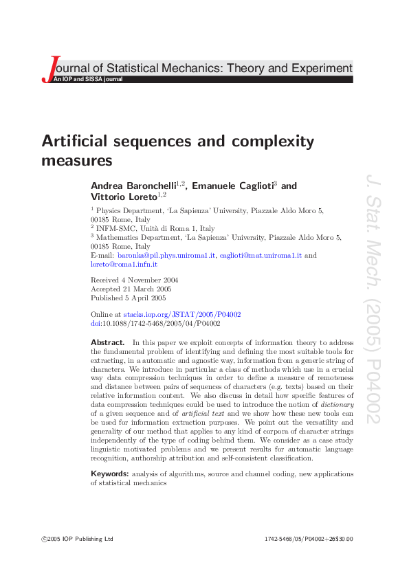 (PDF) Artificial sequences and complexity measures