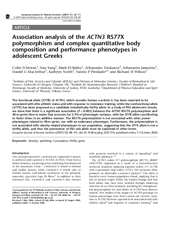 (PDF) Association analysis of the ACTN3 R577X polymorphism and complex ...