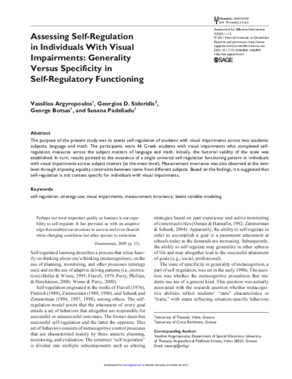 (PDF) Assessing Self-Regulation in Individuals With Visual Impairments: Generality Versus ...