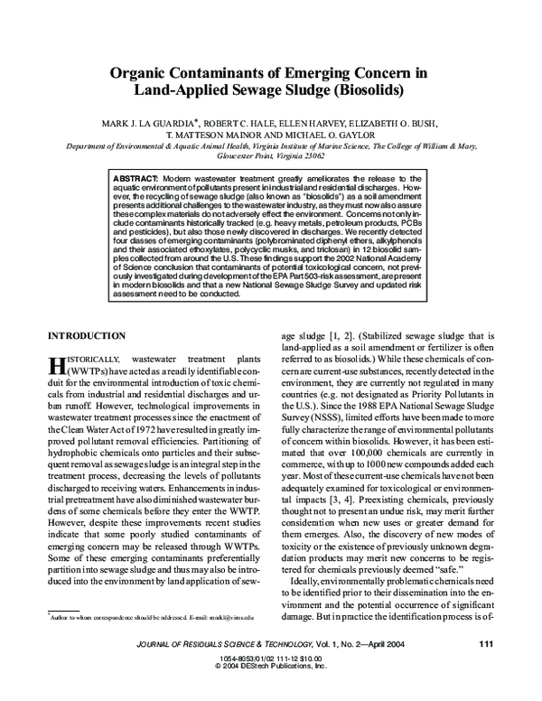 (PDF) Organic contaminants of emerging concern in land-applied sewage sludge (biosolids)