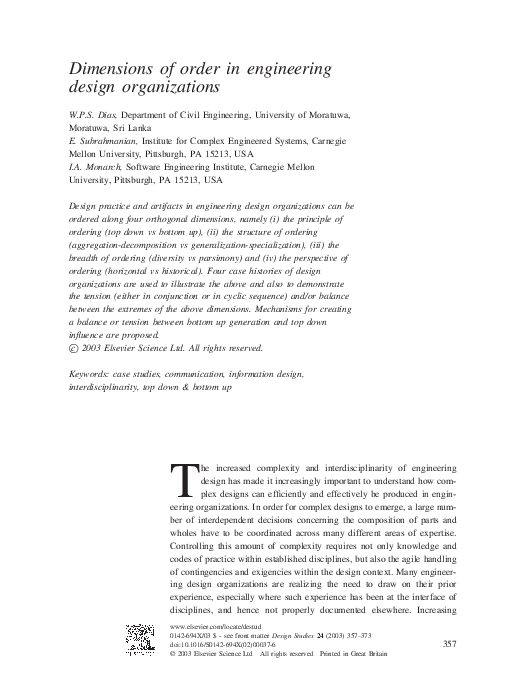 (PDF) Dimensions of order in engineering design organizations