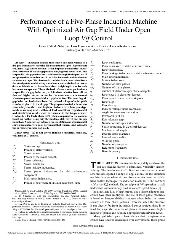 Pdf Performance Of A Five Phase Induction Machine With Optimized Air Gap Field Under Open Loop