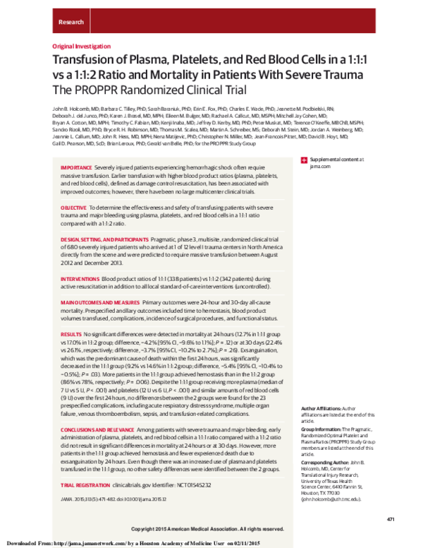 (PDF) Transfusion of plasma, platelets, and red blood cells in a 1:1:1 ...