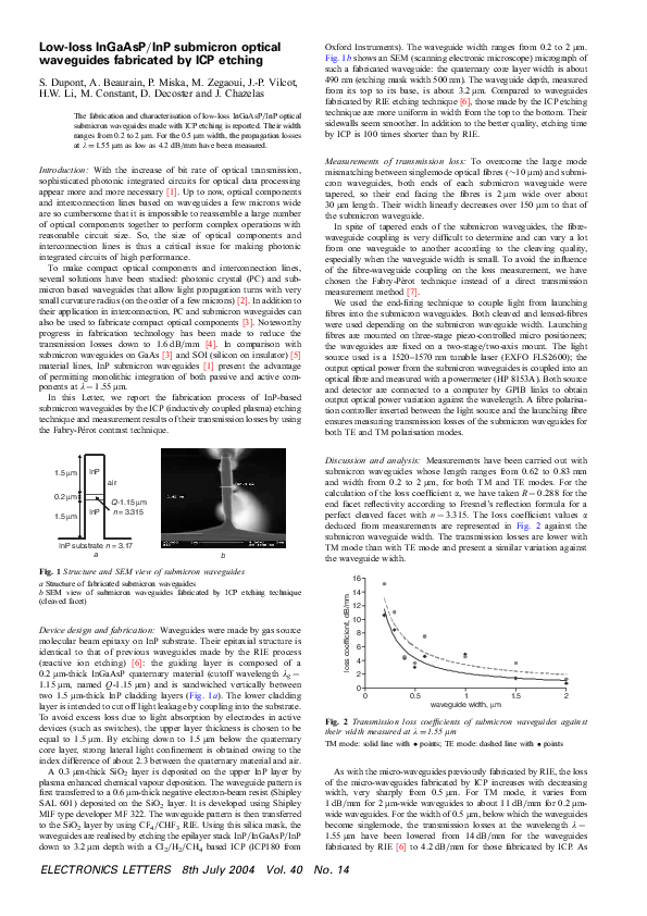(PDF) Low-loss InGaAsP∕InP submicron optical waveguides fabricated by ICP etching