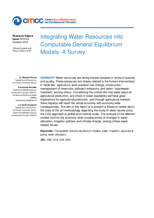 (PDF) Integrating Water Resources into Computable General Equilibrium ...