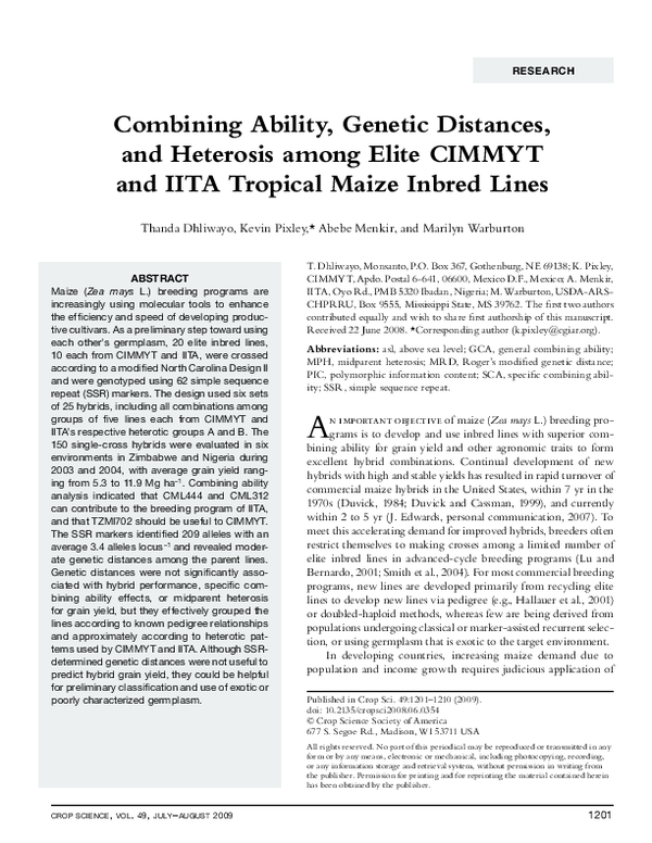 (PDF) Combining ability performance and heterotic grouping of maize (Zea mays) inbred lines in ...
