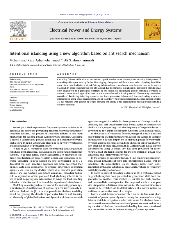 (PDF) Intentional islanding using a new algorithm based on ant search mechanism
