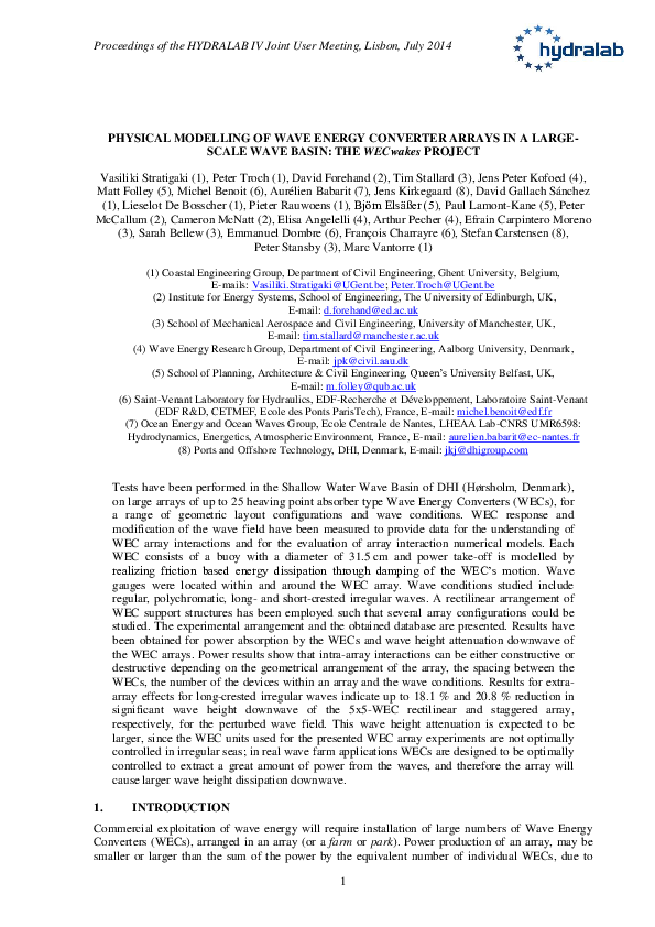 (PDF) Physical modelling of wave energy converter arrays in a large-scale wave basin: the ...