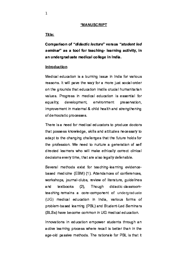 (DOC) Comparison of Didactic Lecture versus Student Led Seminar as a Tool for Teaching- Learning ...