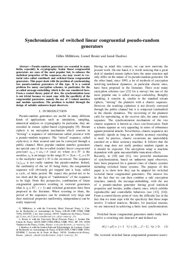 (PDF) Synchronization of switched linear congruential pseudo-random generators