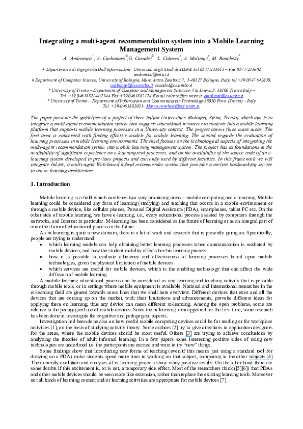 Pdf Integrating A Multi Agent Recommendation System Into A Mobile Learning Management System