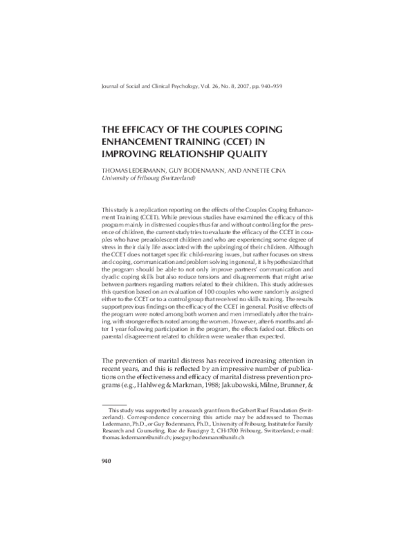 Efficacy of the Couples Coping Enhancement Training (CCET) in Improving ...
