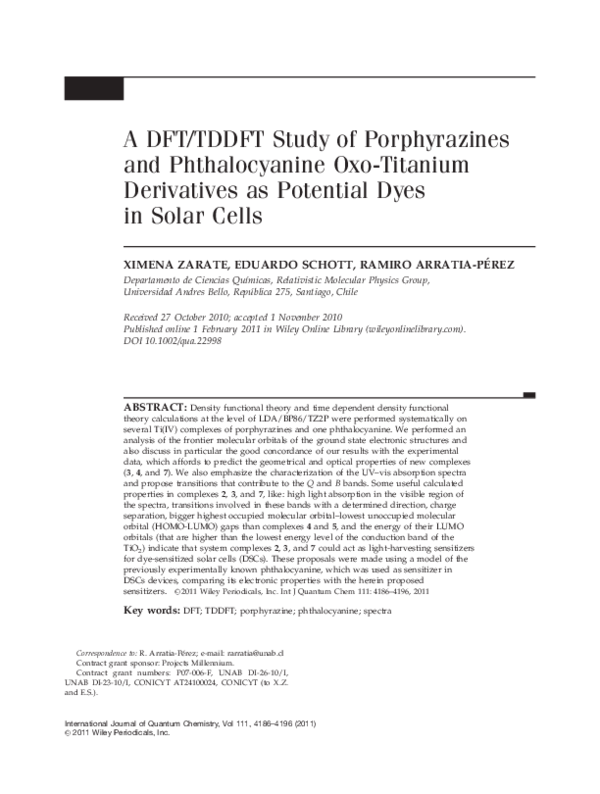 (PDF) A DFT/TDDFT study of porphyrazines and phthalocyanine oxo-titanium derivatives as ...