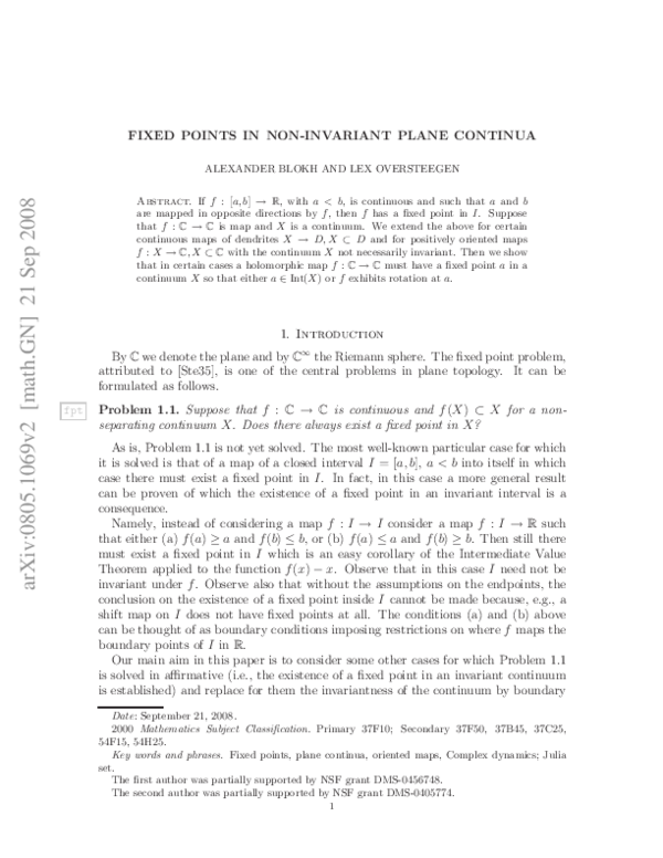 (PDF) Fixed points in non-invariant plane continua | Alexander Blokh - Academia.edu
