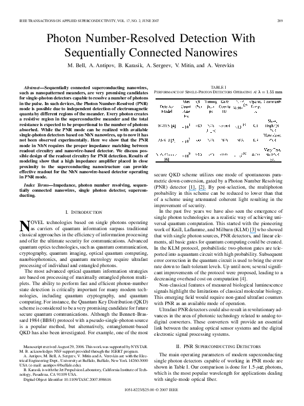 Pdf Photon Number Resolved Detection With Sequentially Connected Nanowires Andrei Sergeev