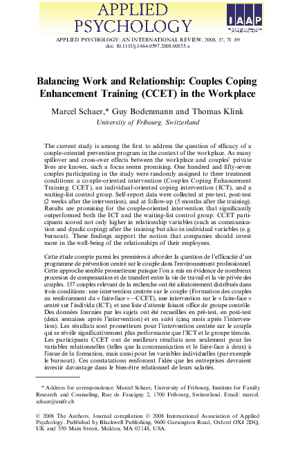 Couples Coping Enhancement Training (CCET) in the Workplace