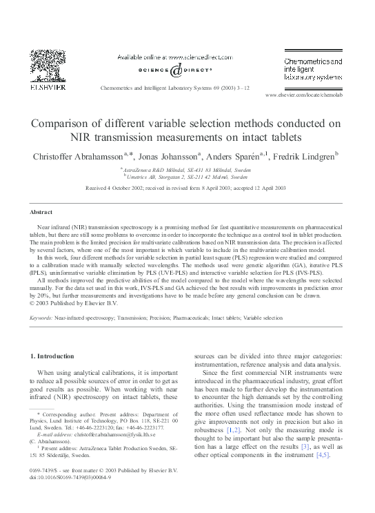 Pdf Comparison Of Different Variable Selection Methods Conducted On