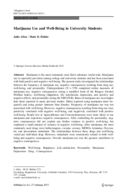 (PDF) Marijuana Use and Well-Being in University Students