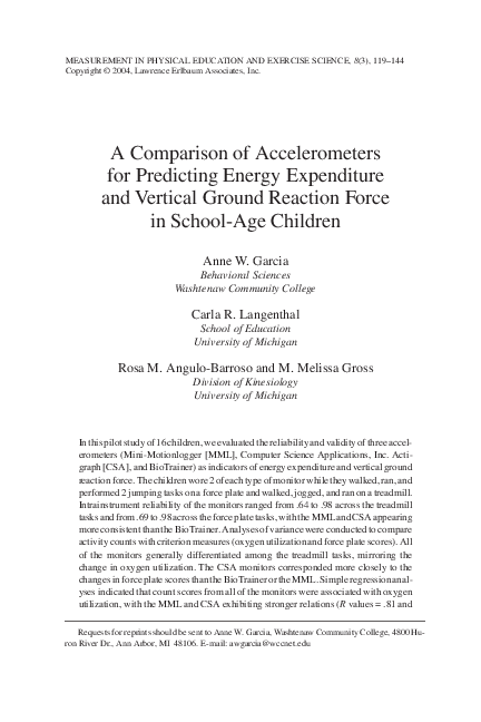 Pdf A Comparison Of Accelerometers For Predicting Energy Expenditure And Vertical Ground