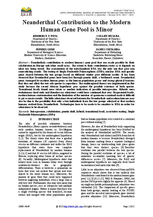 (PDF) Neanderthal Contribution to the Modern Human Gene Pool is Minor