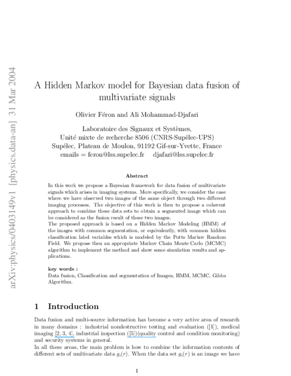 Pdf A Hidden Markov Model For Bayesian Data Fusion Of Multivariate