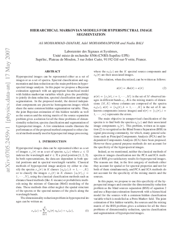 (PDF) Hierarchical Markovian Models for Hyperspectral Image Segmentation | Ali Mohammad-djafari ...
