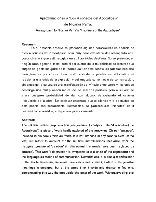 (DOC) Aproximaciones a "Los cuatro sonetos del apocalipsis" de Nicanor ...