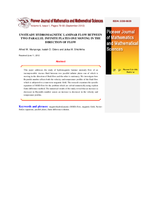 Pdf Unsteady Hydromagnetic Laminar Flow Between Two Parallel Infinite Plates One Moving In The