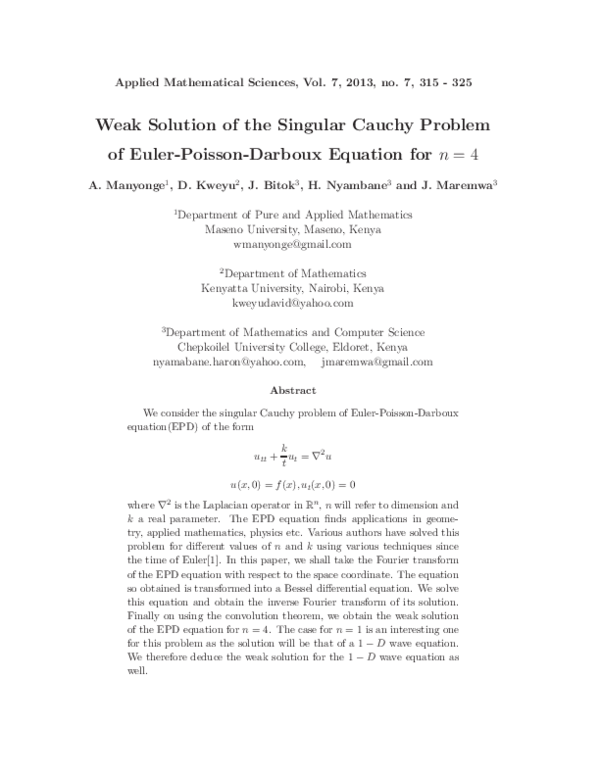 Pdf Weak Solution Of The Euler Poisson Darboux Equation For N4