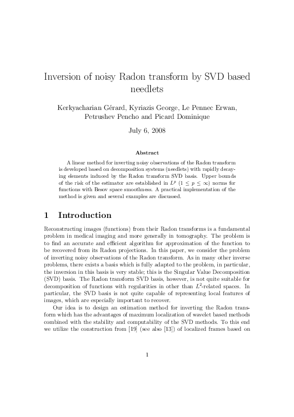 (PDF) Inversion of noisy Radon transform by SVD based needlet | Georgios Kyriazis - Academia.edu