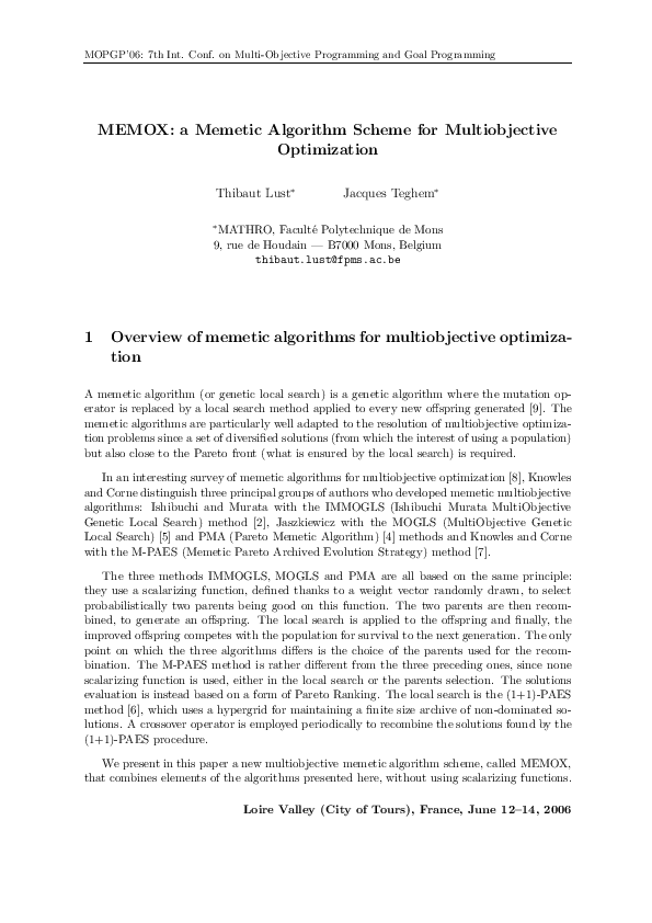 Pdf Memox A Memetic Algorithm Scheme For Multiobjective Optimization