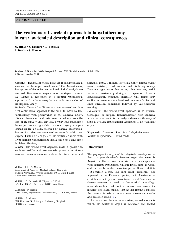 (PDF) The ventrolateral surgical approach to labyrinthectomy in rats ...