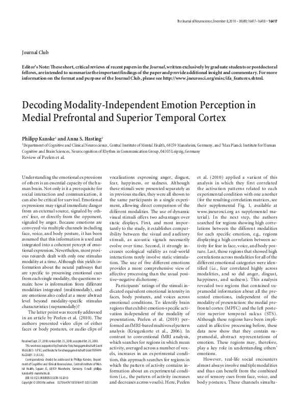Decoding Modality Independent Emotion Perception In Medial Prefrontal And Superior Temporal Cortex